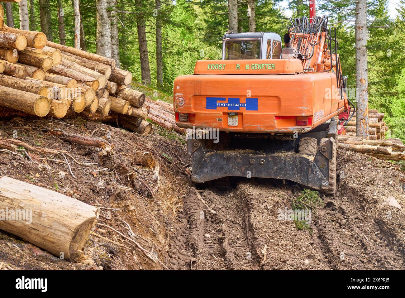 Tyrol, Italy - 11 May 2024: Forestry excavator in the forest with ...