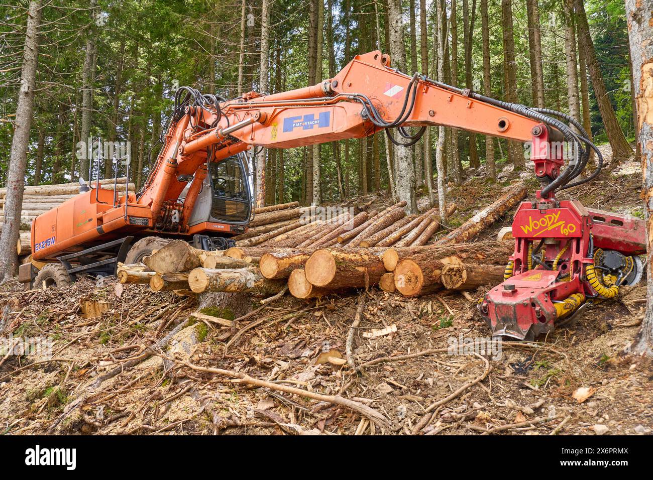 Tyrol, Italy - 11 May 2024: Forestry excavator in the forest with ...
