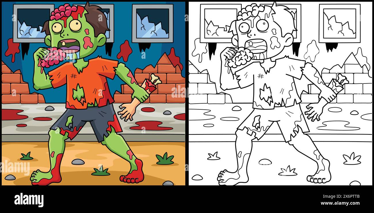 Zombie Eating Human Flesh Coloring Illustration Stock Vector Image ...