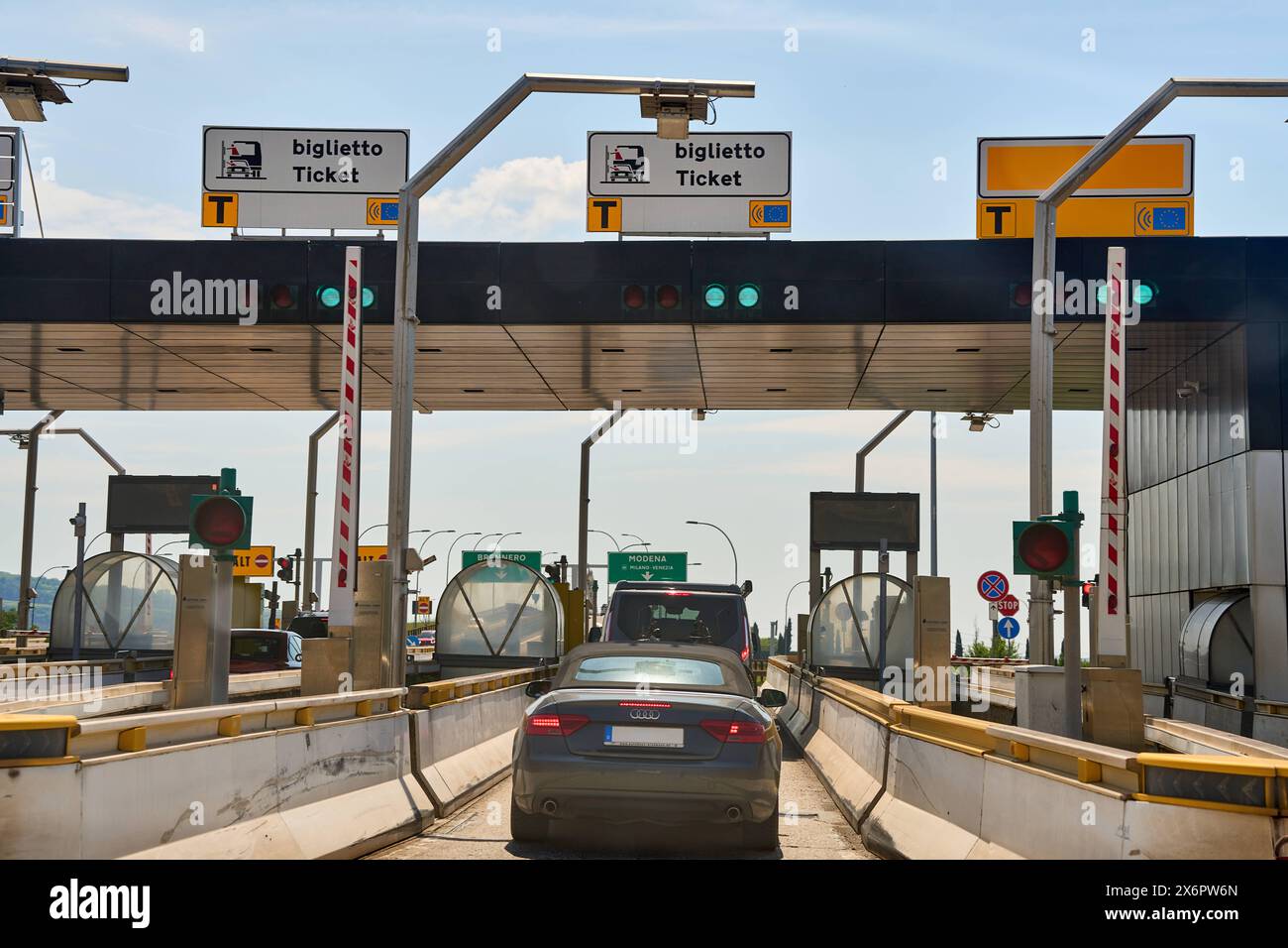Italy - 11 May 2024: Toll station on the highway in Italy. Tolls on ...