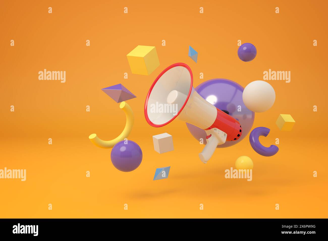 Megaphone surrounded by floating geometric shapes Stock Photo - Alamy