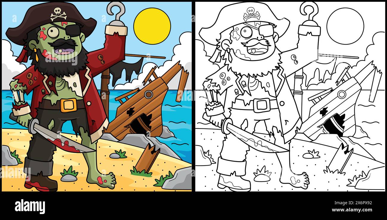 Zombie Pirate Captain Coloring Page Illustration Stock Vector Image ...