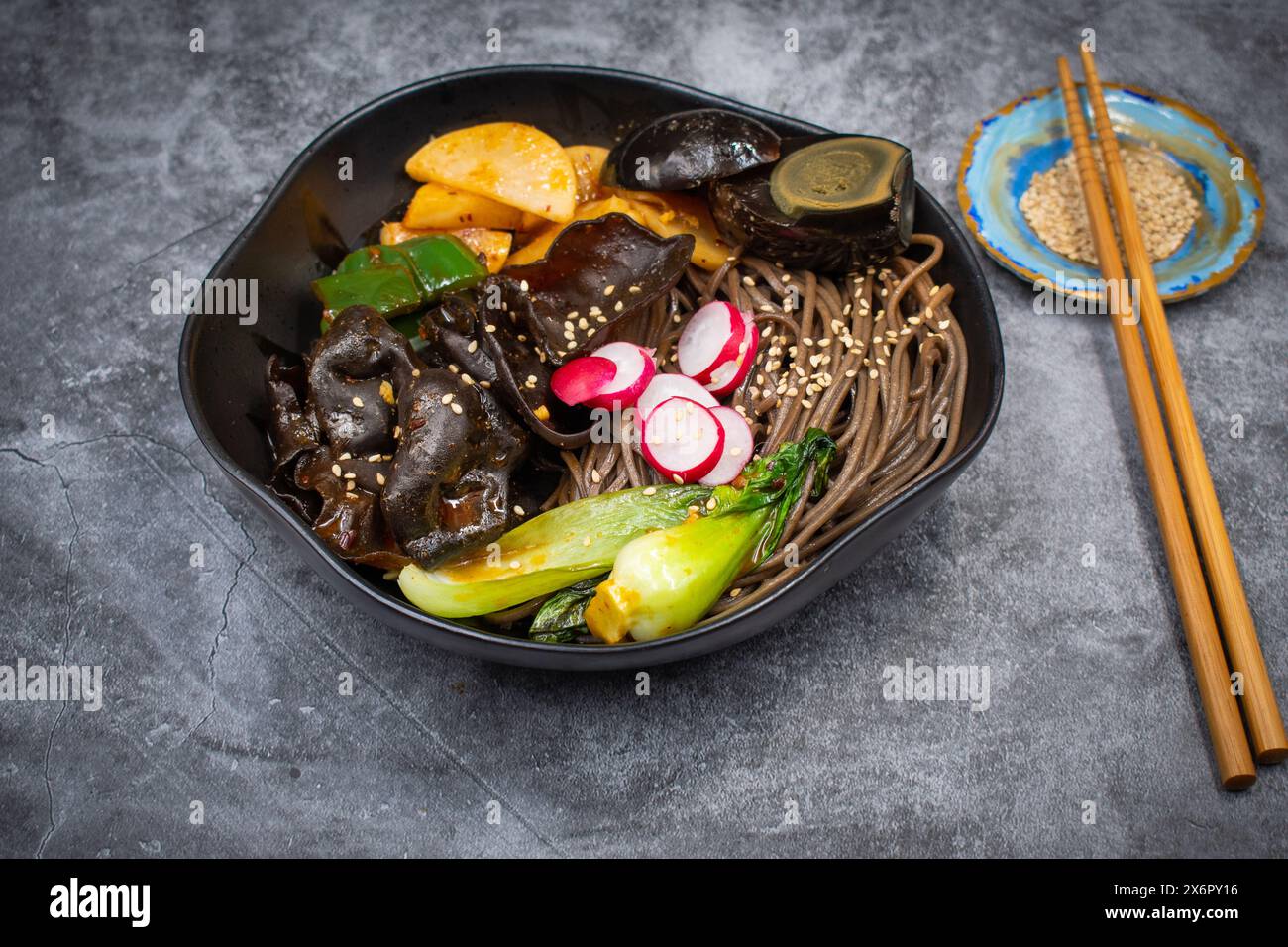 Vegetarian wood ear mushrooms stir fried with bok choy, radish daikon ...