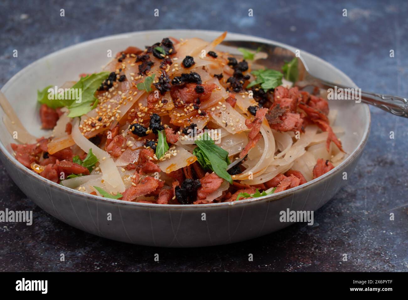 Vegan Liang pi noodles and vegetables made from scratch at home, using ...