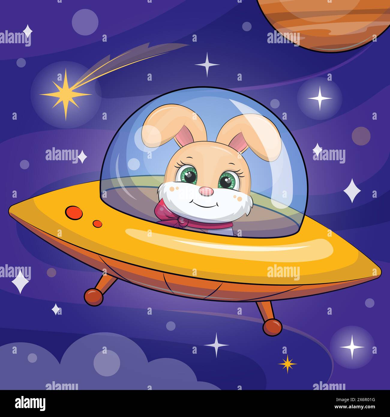 Cute cartoon bunny in a spaceship. Vector illustration of an animal in ...