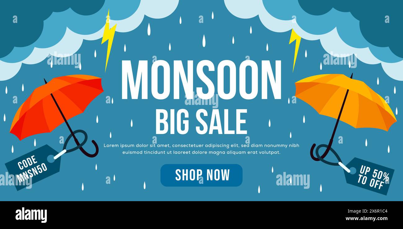 monsoon big sale horizontal banner illustration with umbrella Stock ...