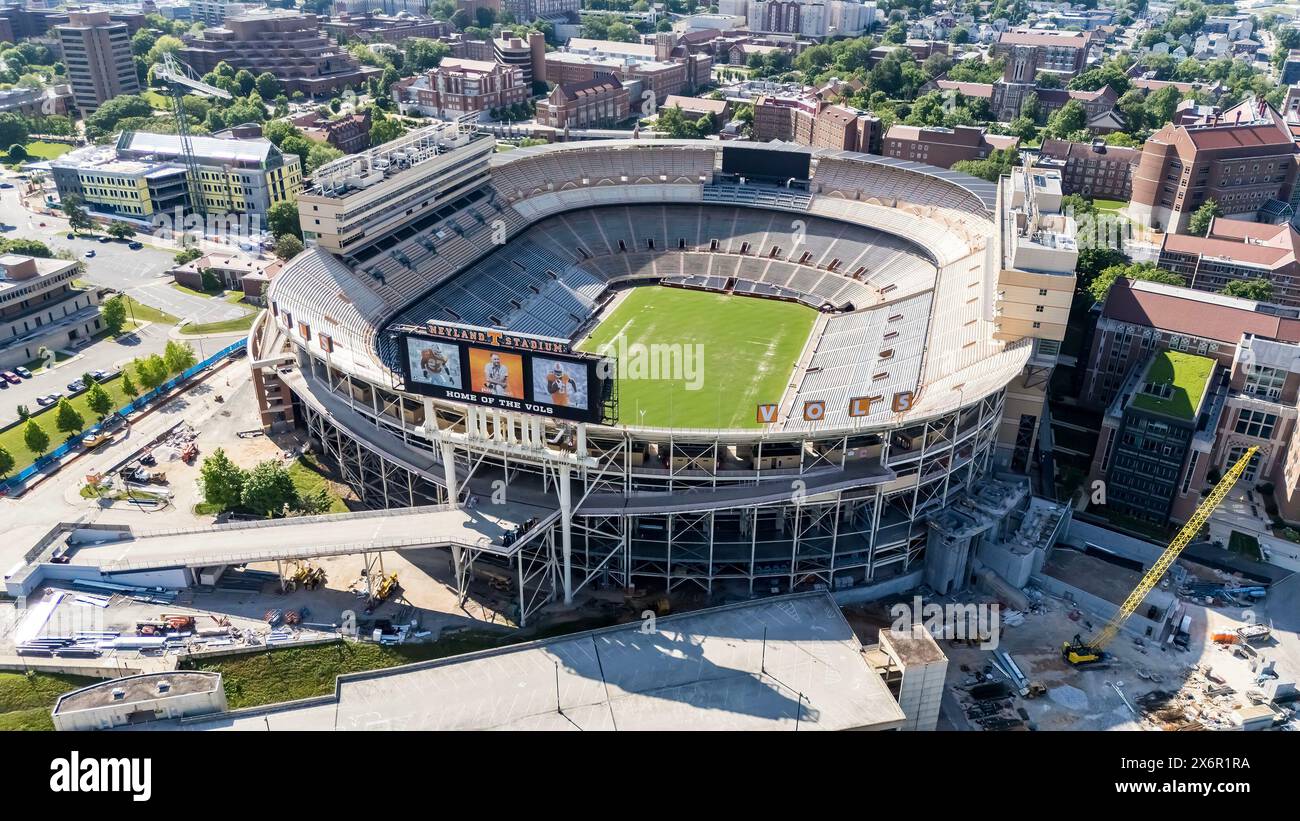 An aerial view of Neyland Stadium reveals a massive, iconic structure nestled by the Tennessee ...
