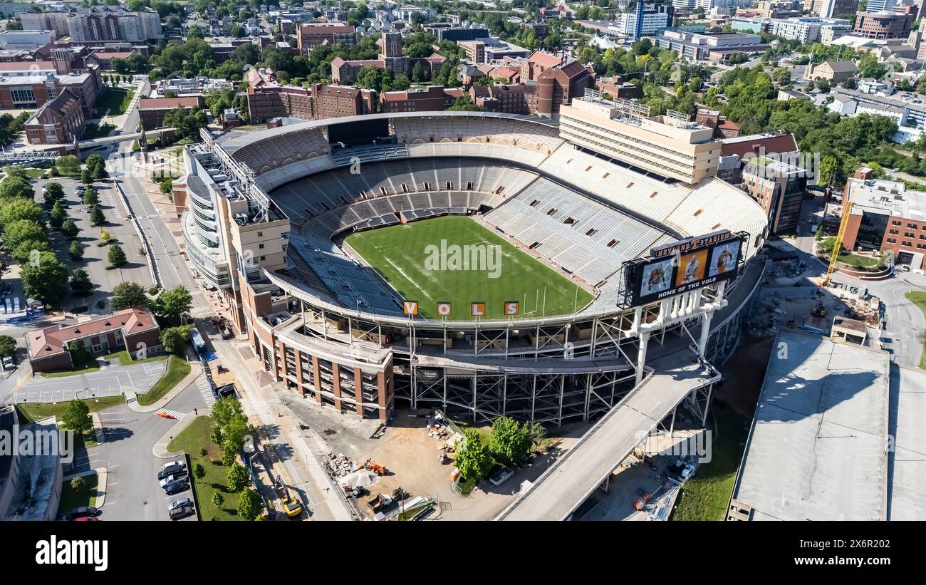 An aerial view of Neyland Stadium reveals a massive, iconic structure ...