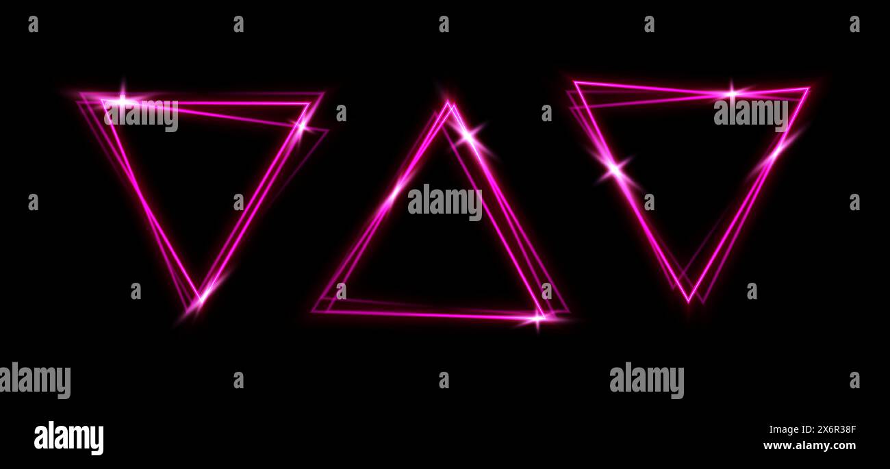 Pink laser glowing frames isolated on black background. Neon triangles ...