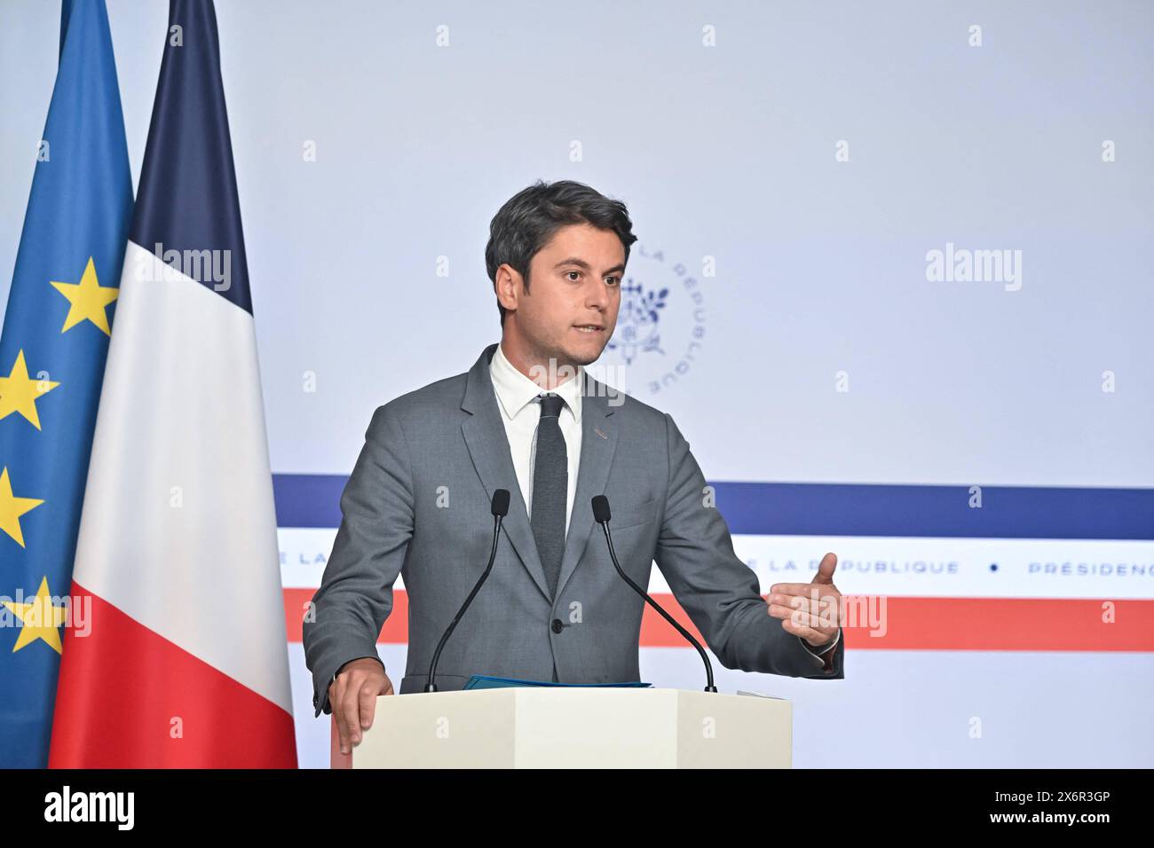 French Prime Minister Gabriel Attal delivers a speech after the defense ...