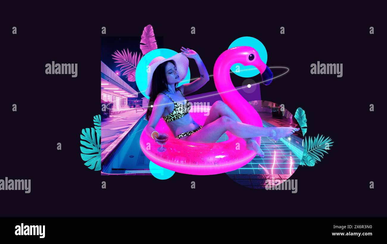 Contemporary art collage. Woman in swimsuit sitting in glowing pink ...