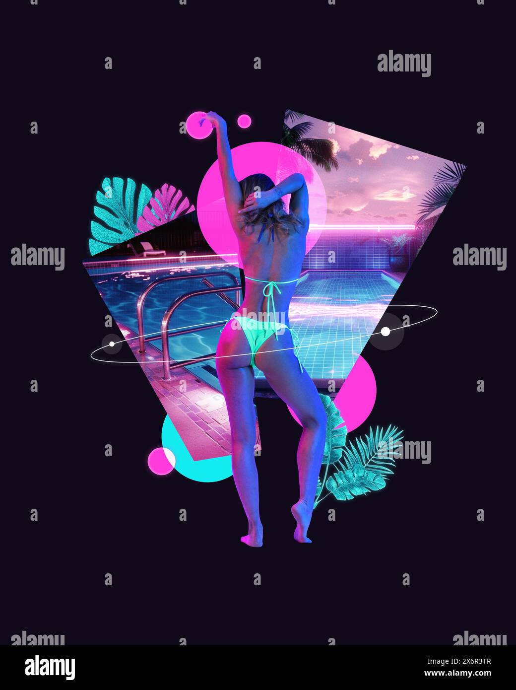 Contemporary art collage. Rear view of woman in swimsuit posing stands ...