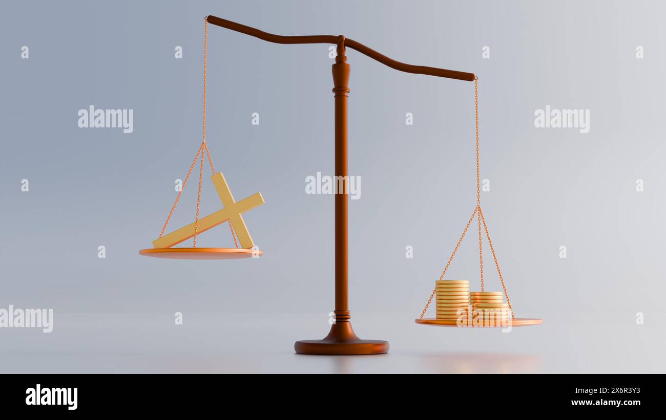 3d rendering of uneven scale with cross and pile of gold coins Stock ...