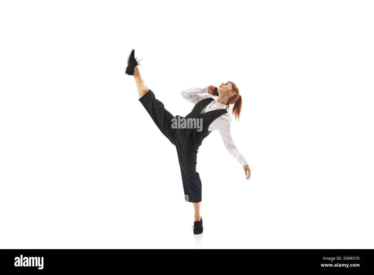 Woman in formal wear, dynamic pose of office employee, talking on ...