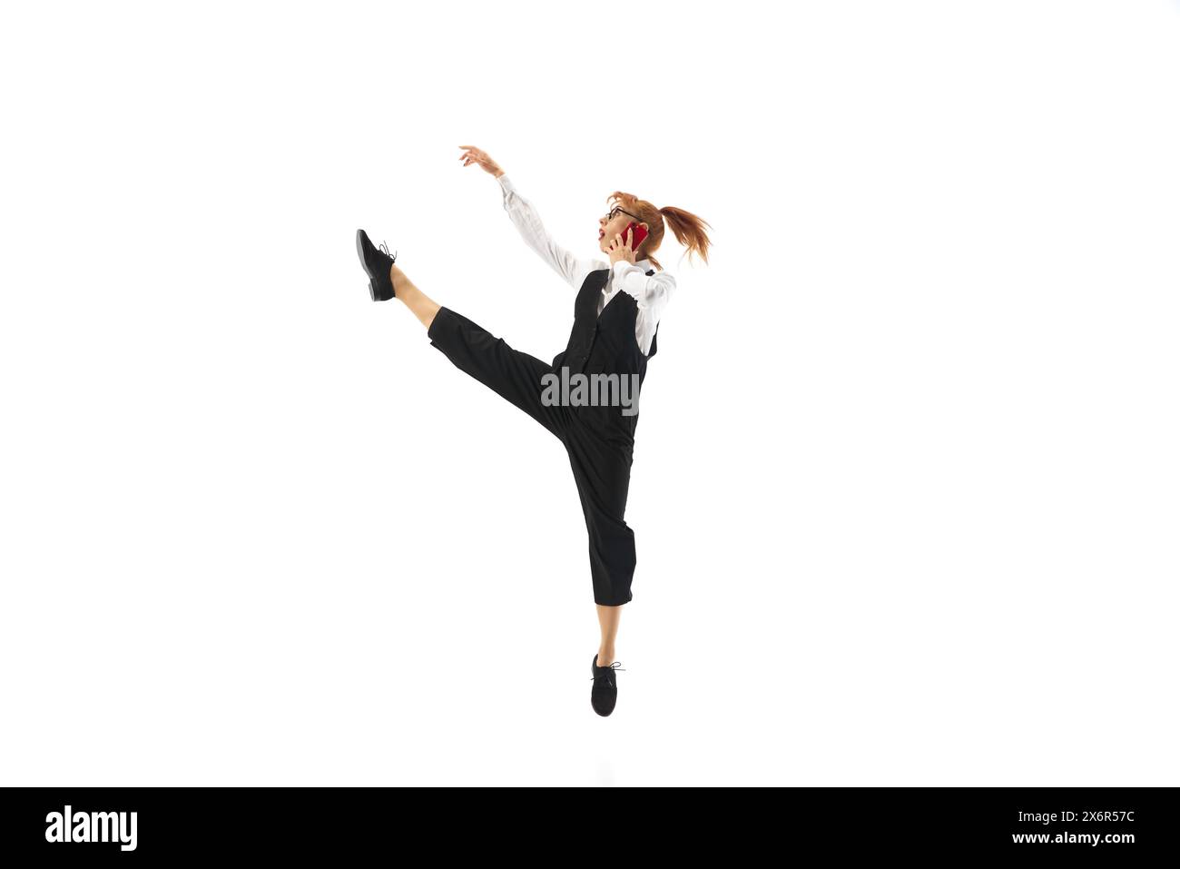 Woman in formal wear, dynamic pose of office employee, talking on ...