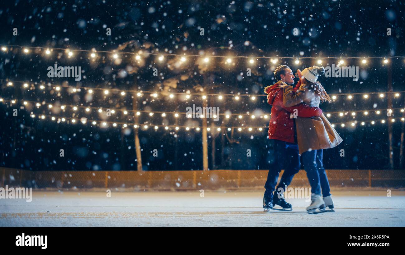 Romantic Winter Snowy Evening: Ice Skating Couple Having Fun, Step on ...