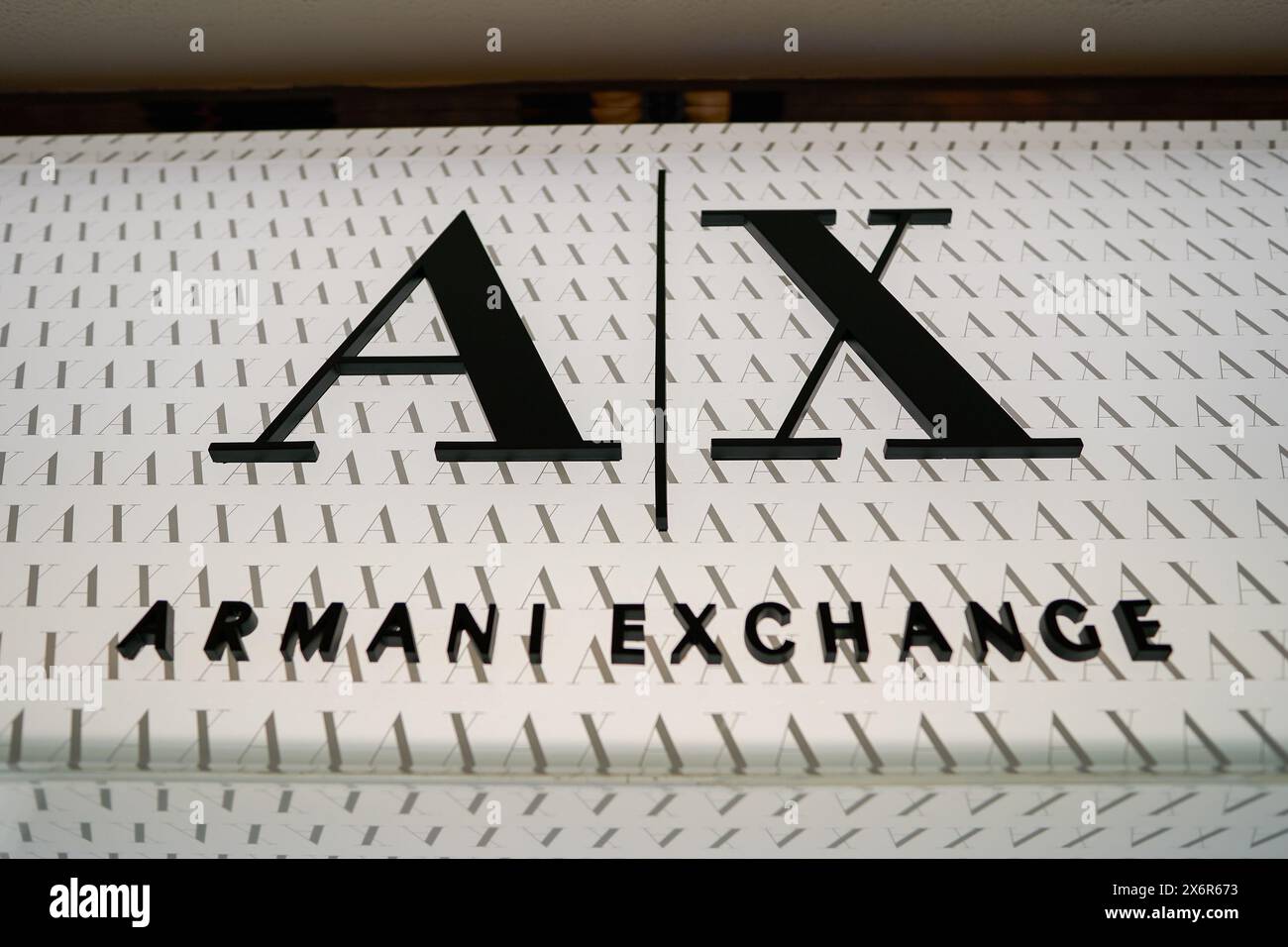 SINGAPORE - NOVEMBER 06, 2023: close up shot of Armani Exchange sign as ...