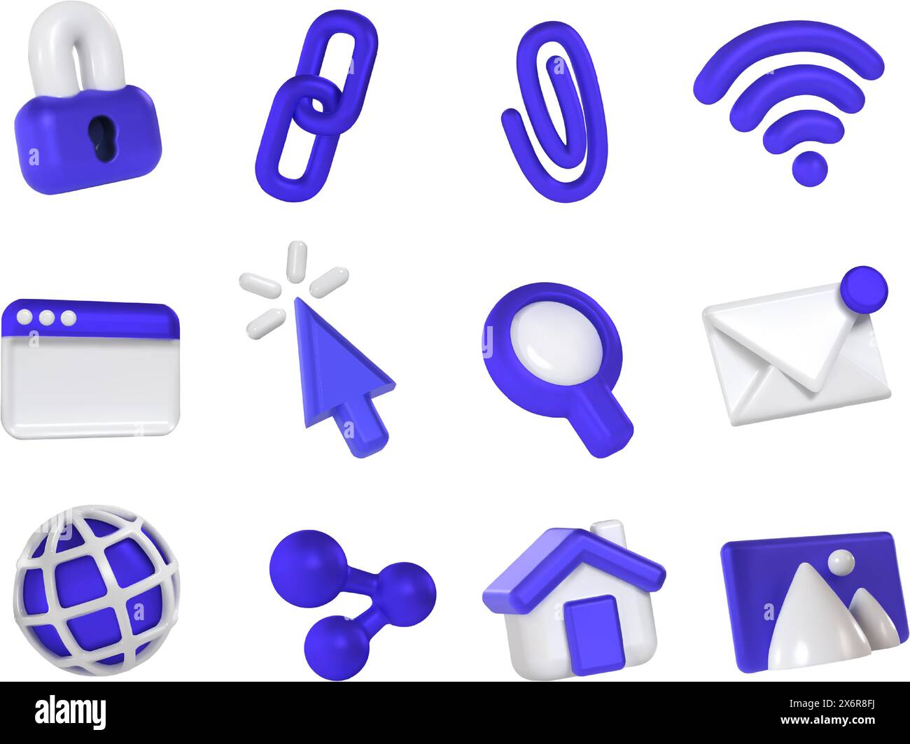 Internet 3d icons. Security padlock, web chain link, browser window, cursor click, search ...