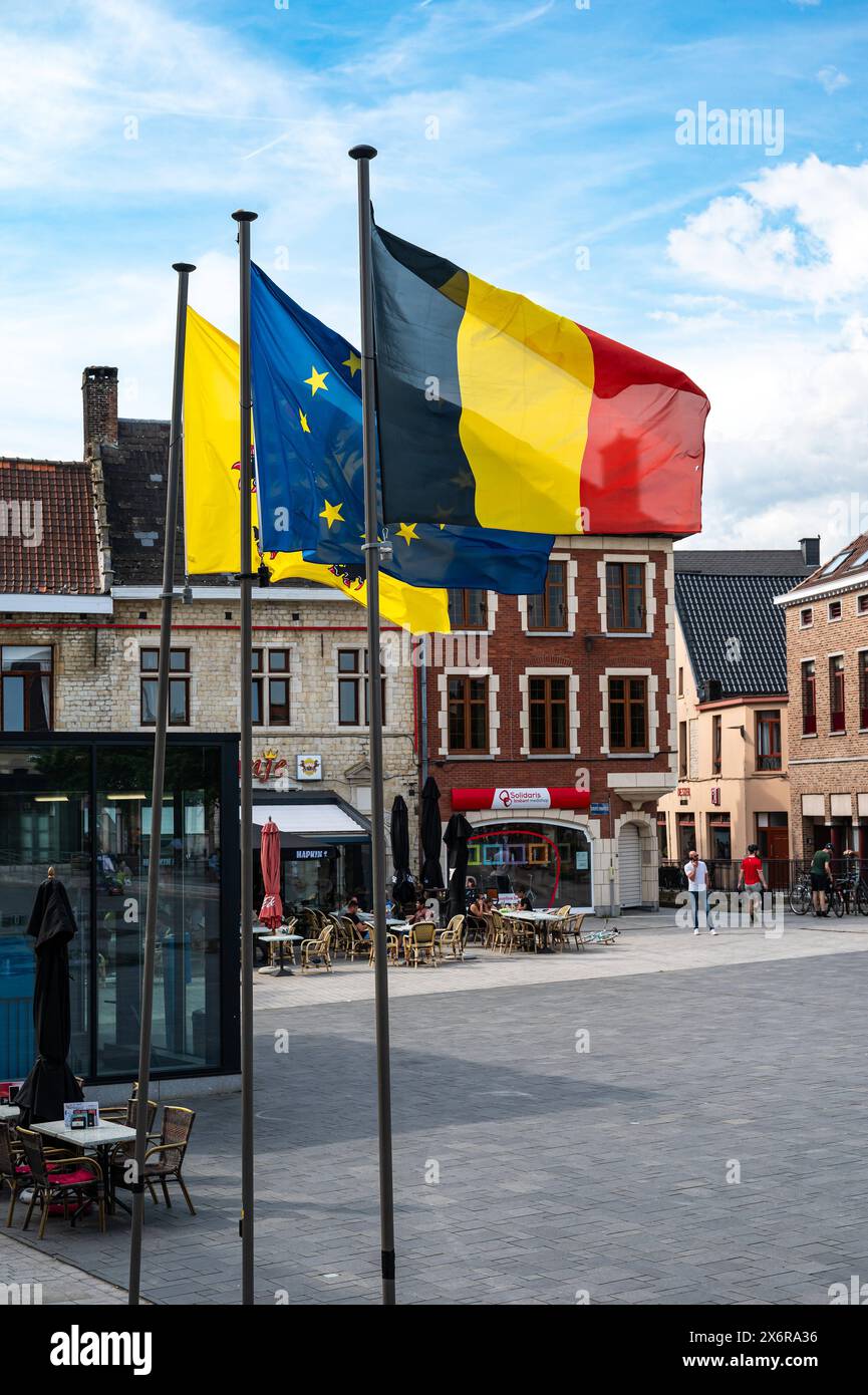 Vilvoorde, Flemish Brabant, Belgium - May 14, 2024 - Flags of Belgium ...