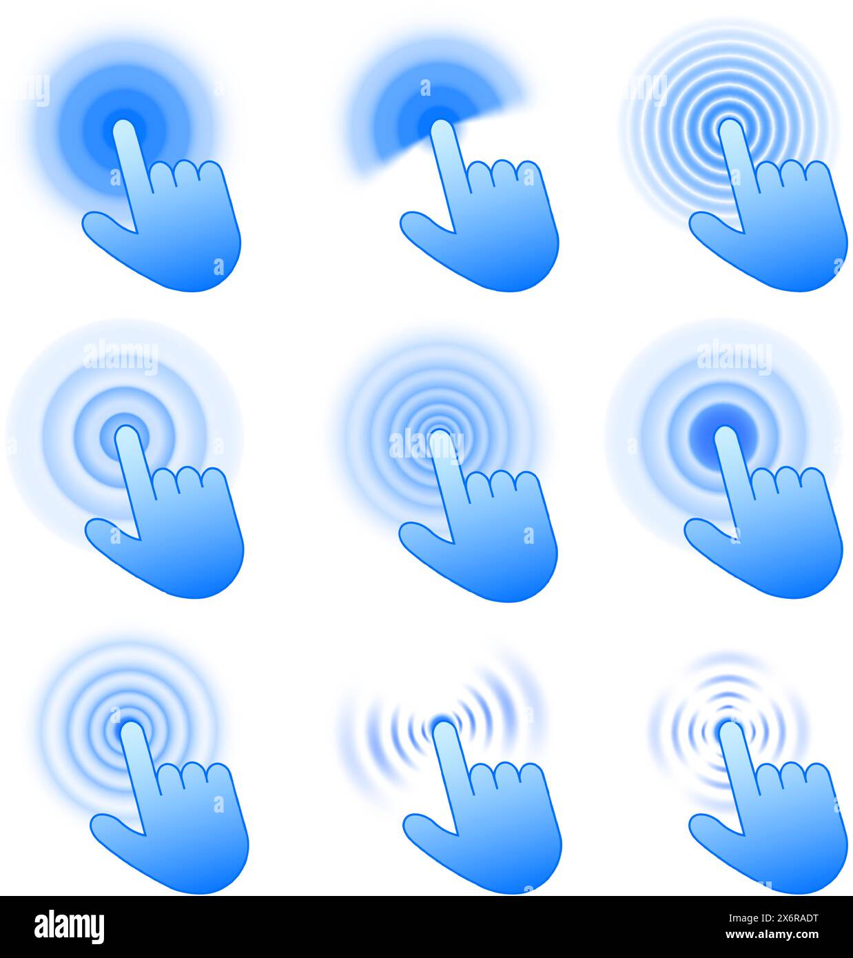 Click icons. Interactive touch gesture, hand pointer clicking, pressing and tapping with ripple ...