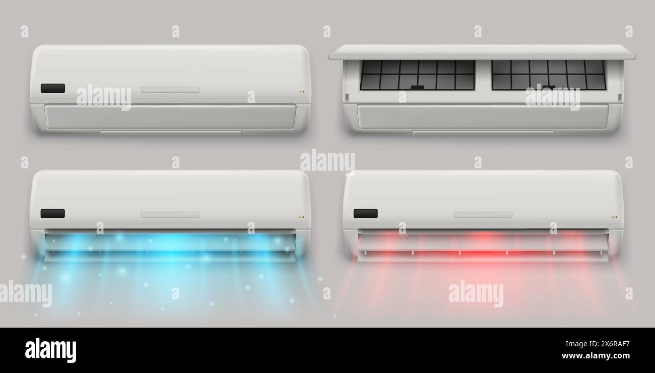 Split system air conditioner. Air conditioning device with open lid ...