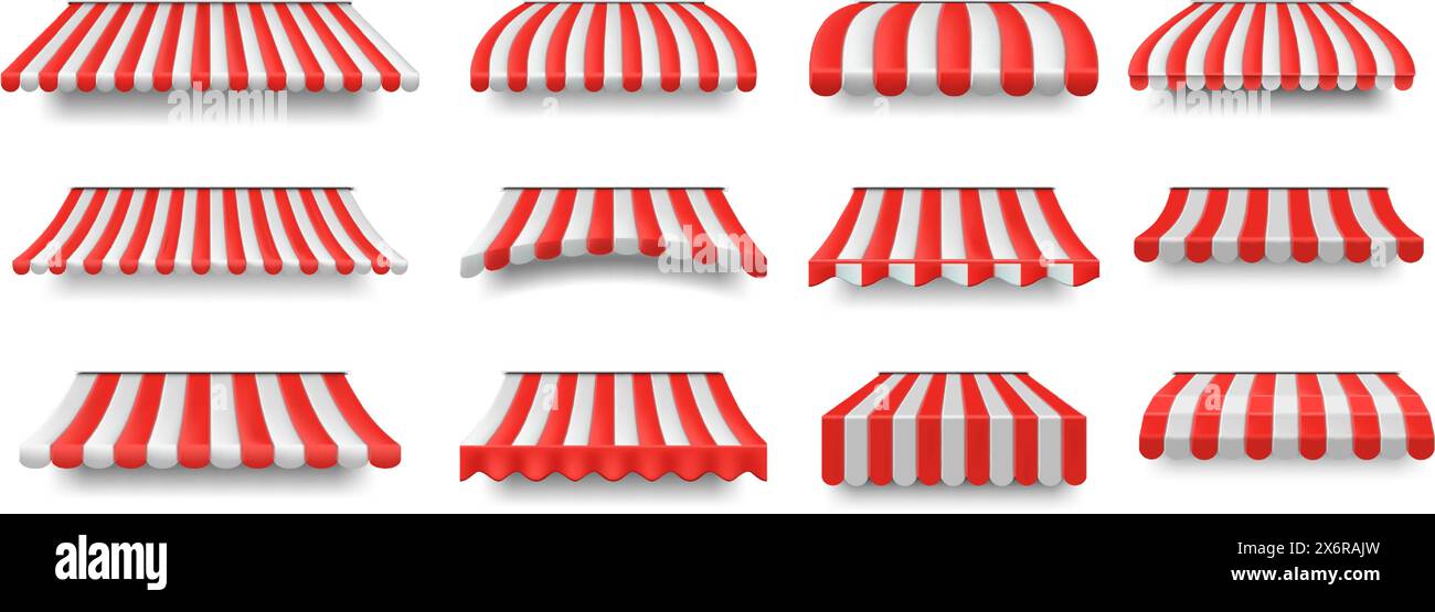 Store sunshade awning. Striped shop and cafe canopies, market stall ...