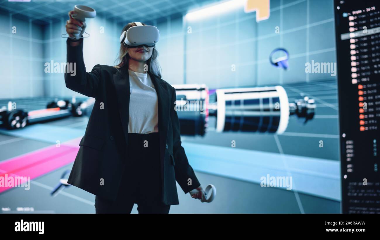 Automotive Engineer Making Presentation of a Modern VR Software Testing ...