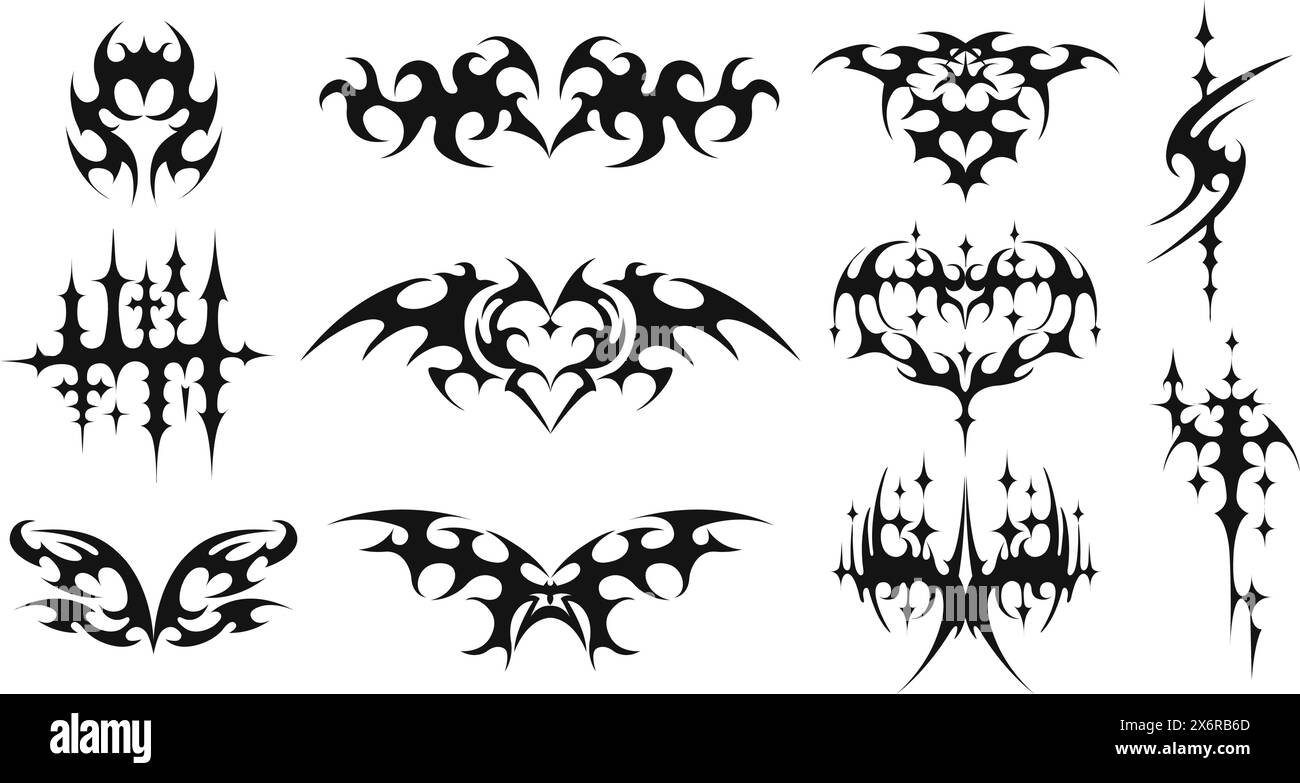 Cyber sigilism shapes. Neo tribal tattoo sharp spikes, y2k butterfly ...