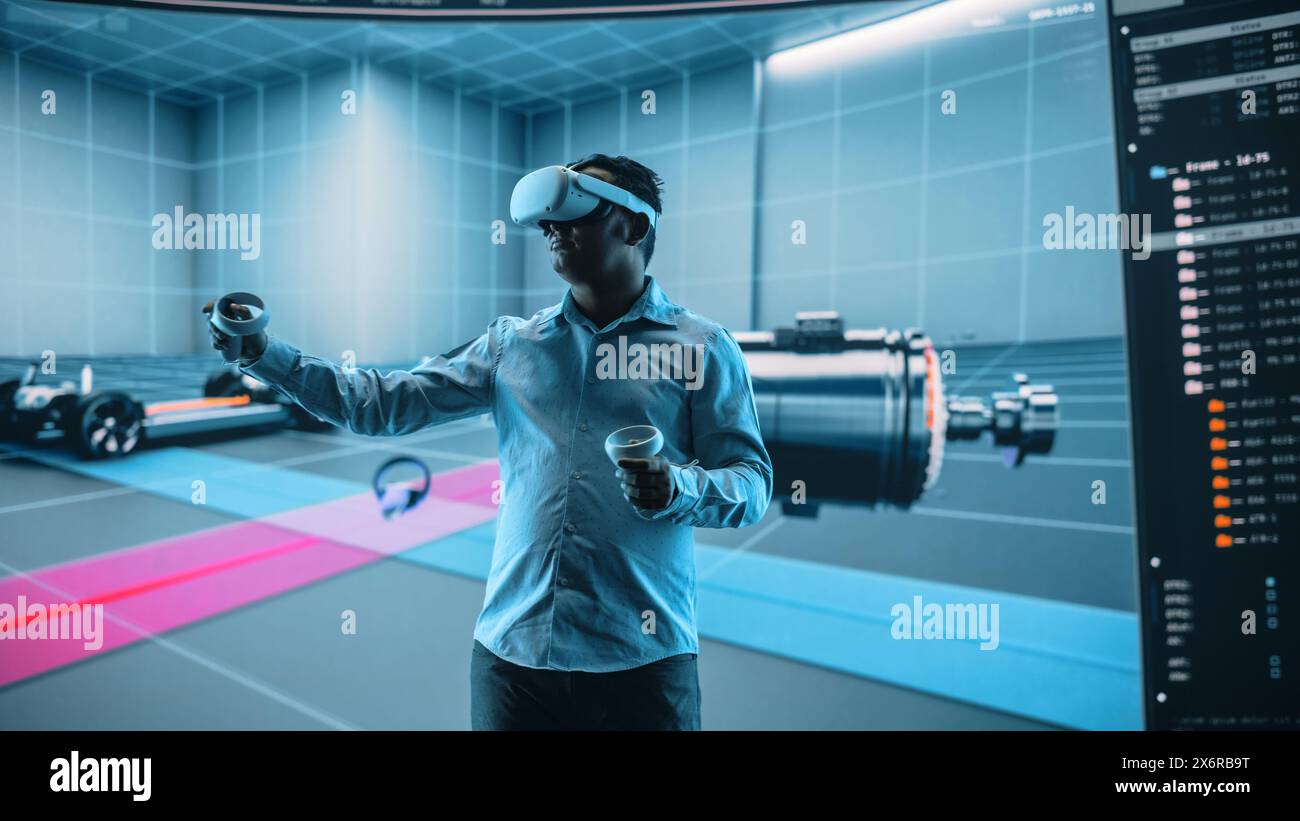 Automotive Engineer Using a VR Software to Showcase Electric Motor and Vehicle Platform in ...
