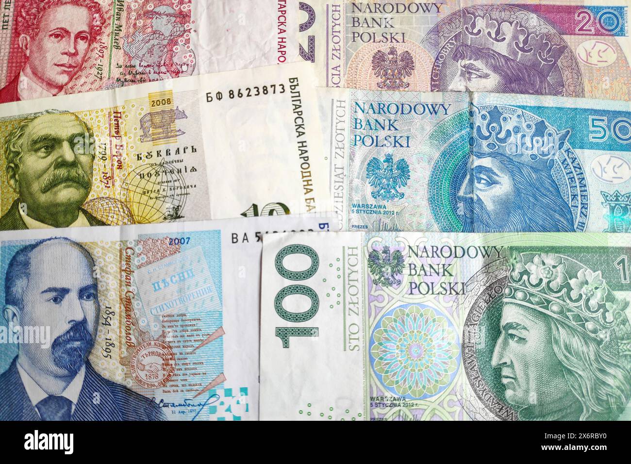 Close-up on a stack of Bulgarian Lev and Polish Zloty Stock Photo - Alamy