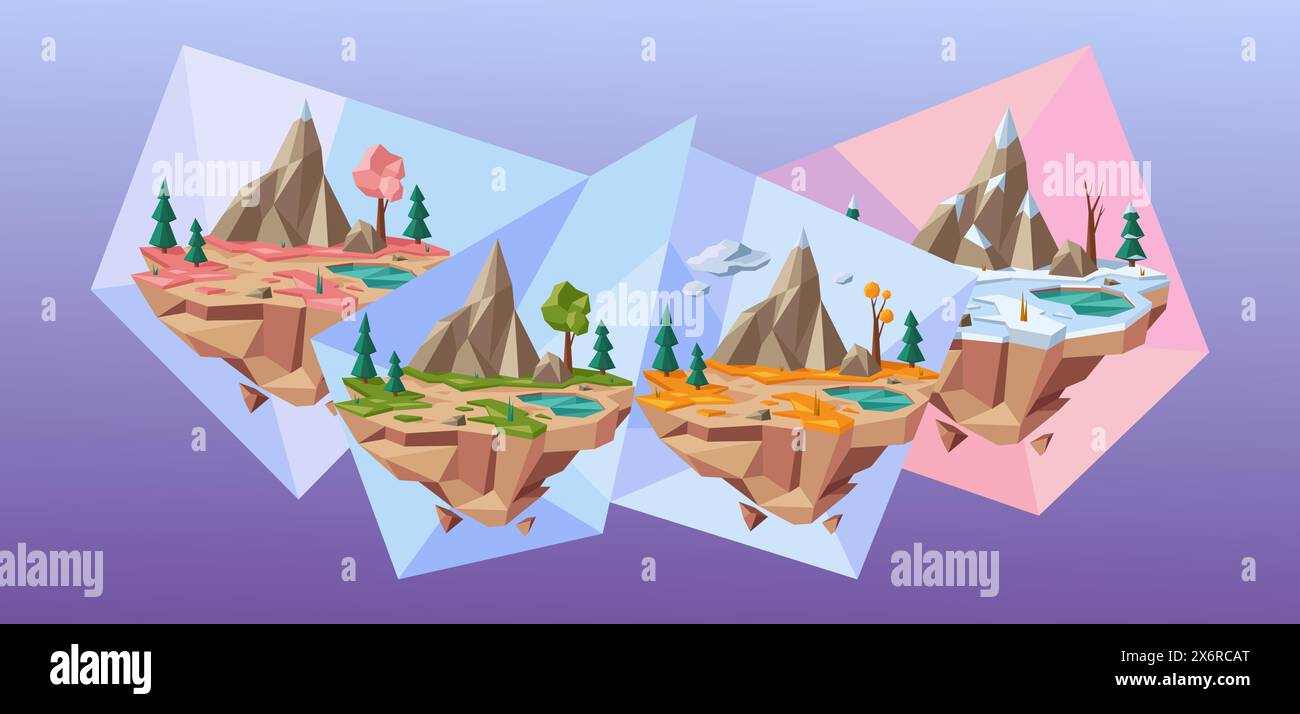 Low poly four seasons landscape. Abstract floating islands represent ...