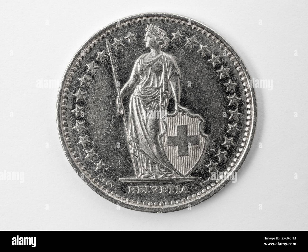 Close-up of a swiss one franc coin, white background, back side Stock ...