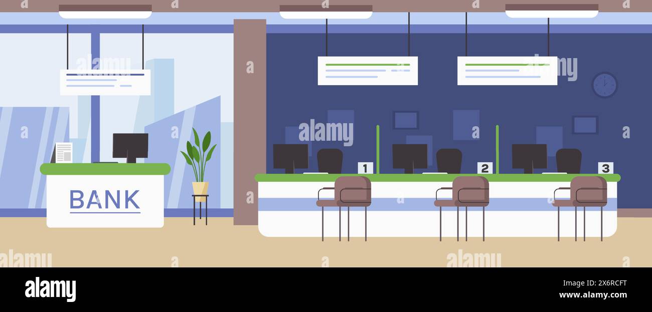 Bank office interior. Customer service counter at bank lobby, banking ...
