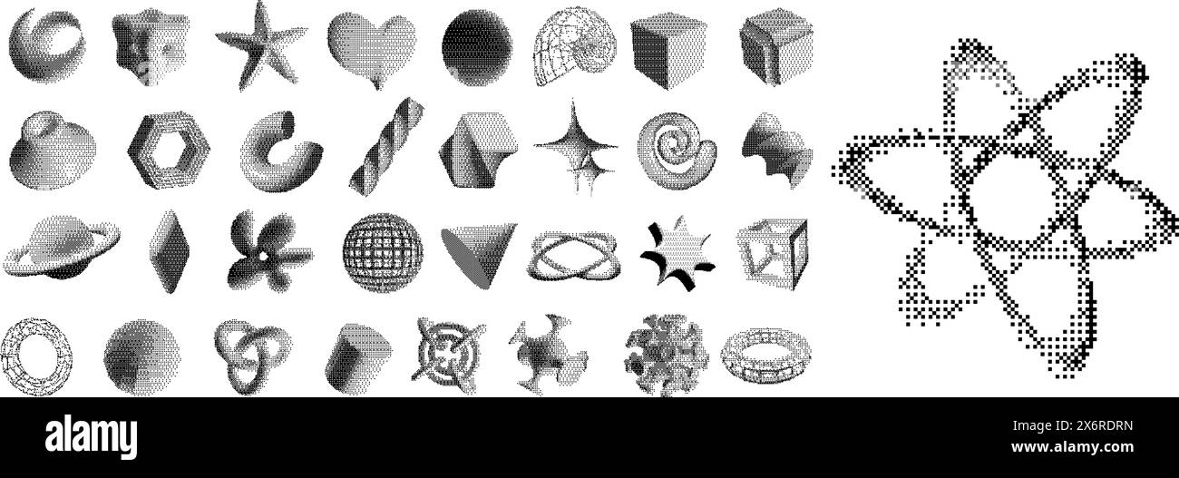 Dithering pixel art 3D shapes. Geometric and organic forms and figures ...