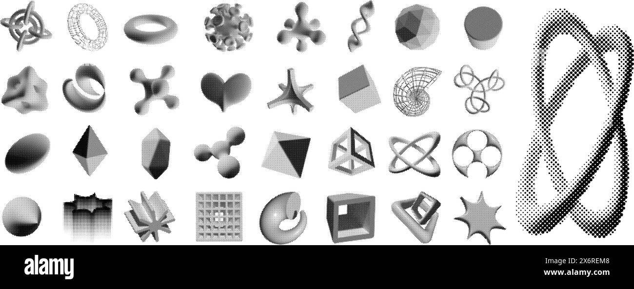 Halftone 3D figures. Retro monochrome volumetric shapes with halftone ...