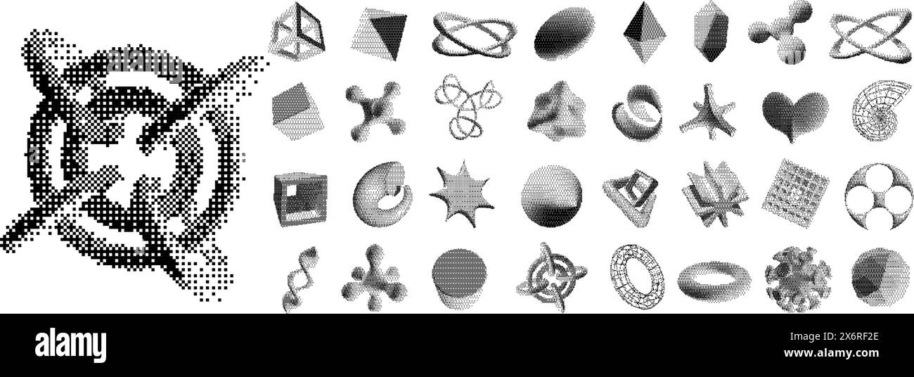 Dither bitmap 3D shapes. Retro futuristic digital objects with pixel ...