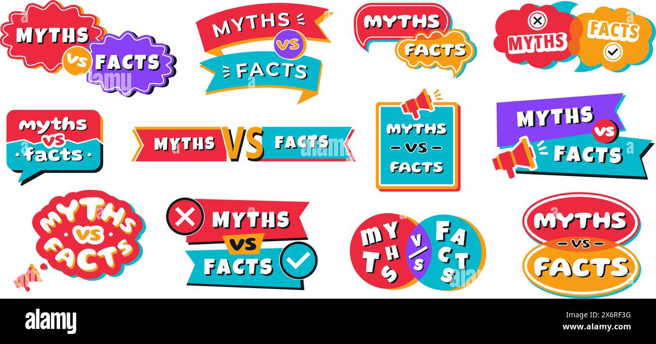 Myths vs facts badges. Myth and fact speech bubbles, flags and ...