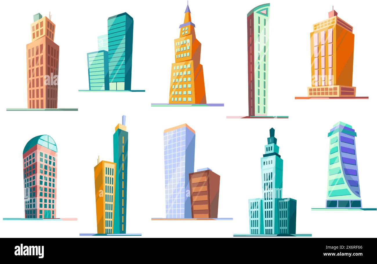 Cartoon skyscraper. City buildings, high architecture and urban real ...