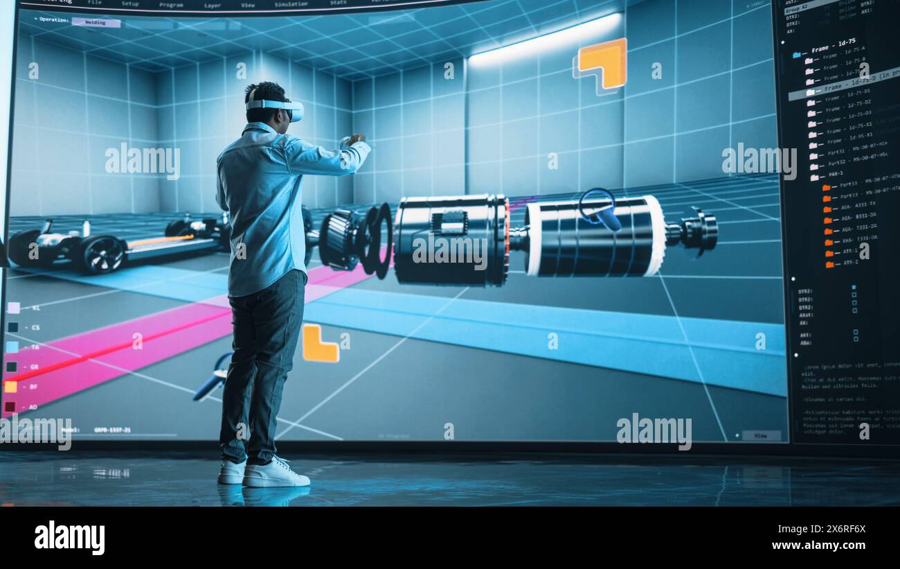 Automotive Engineer Making Presentation of a Modern VR Software Testing ...