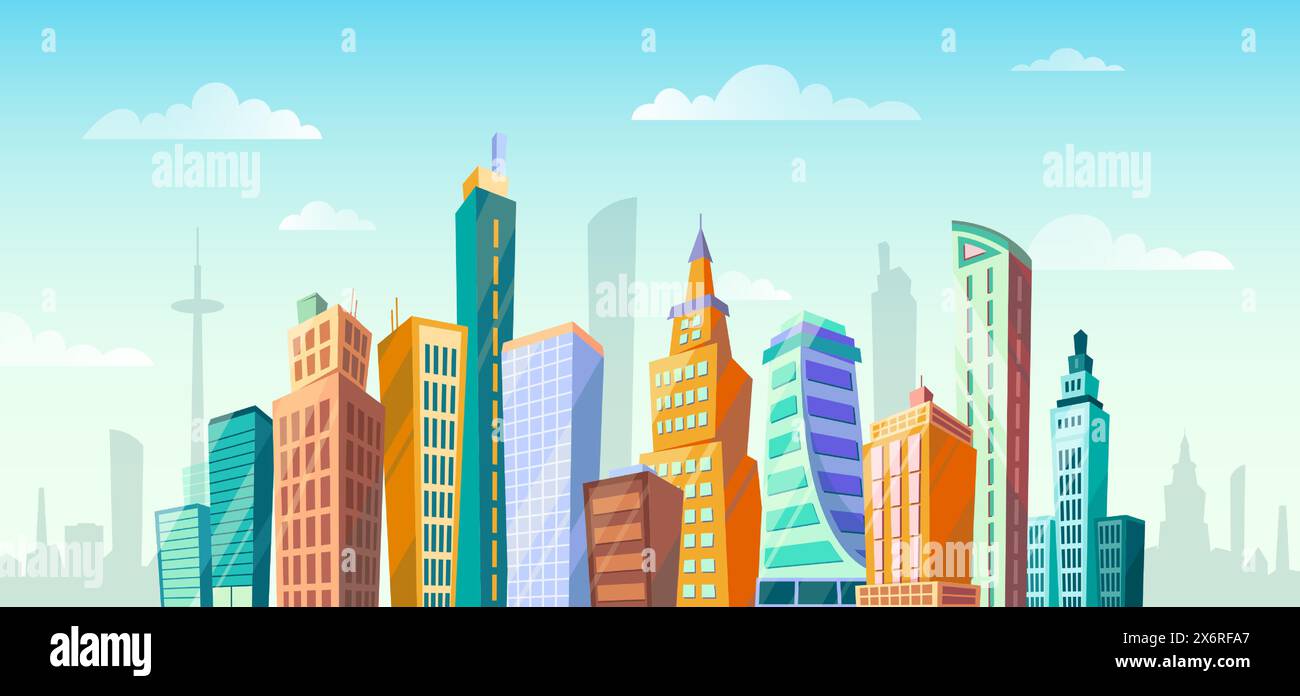 Cartoon city skyline. Sunny day in skyscrapers town district, panoramic ...