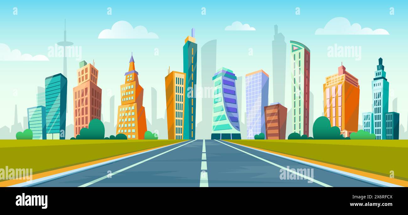 Cartoon wide road to town. Welcoming city highway, urban landscape with ...