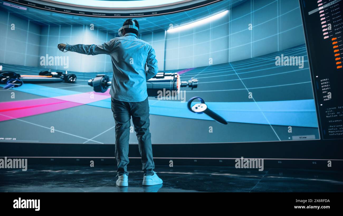 Automotive Engineer Making Presentation of a Modern VR Software Testing ...