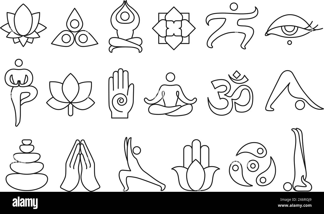 Line yoga icons. Meditation poses line art, zen stones, lotus flower ...