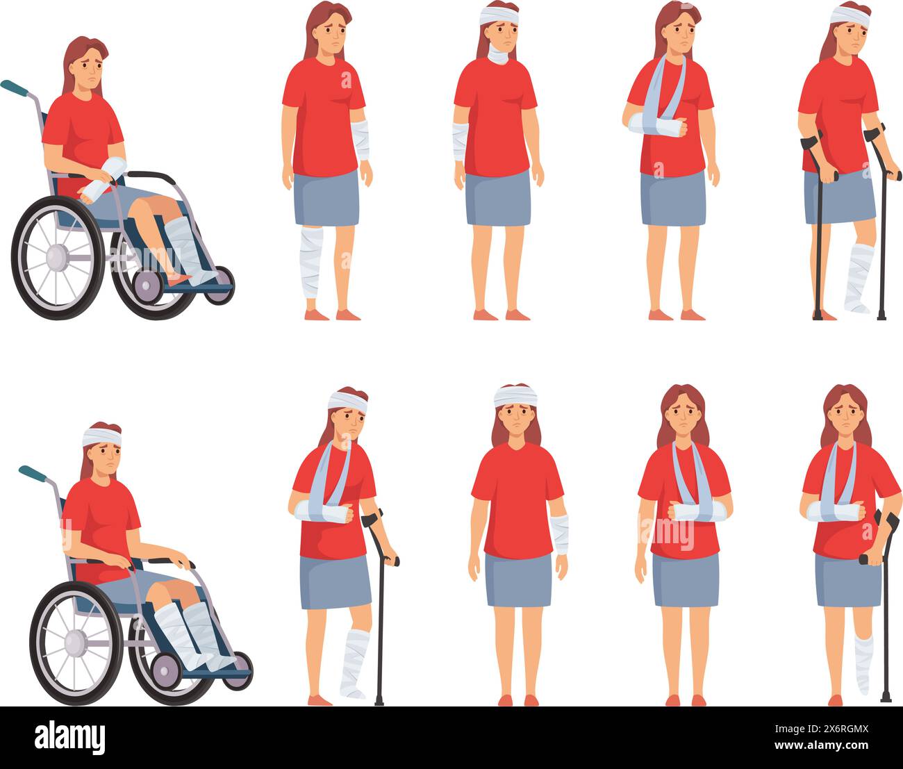 Woman with injury. Female character with wheelchair, head bandage, arm ...