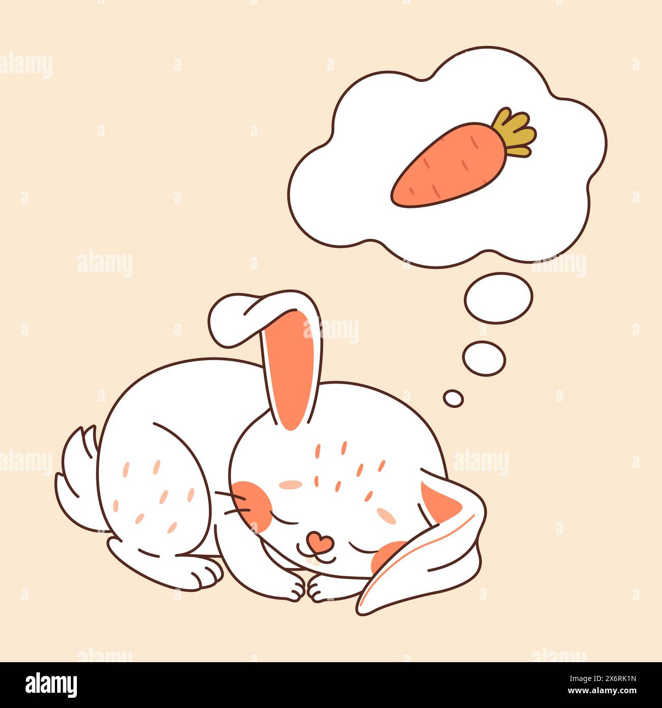 Sleeping hare. Cute bunny sleeps and dreams about carrot. The rabbit ...