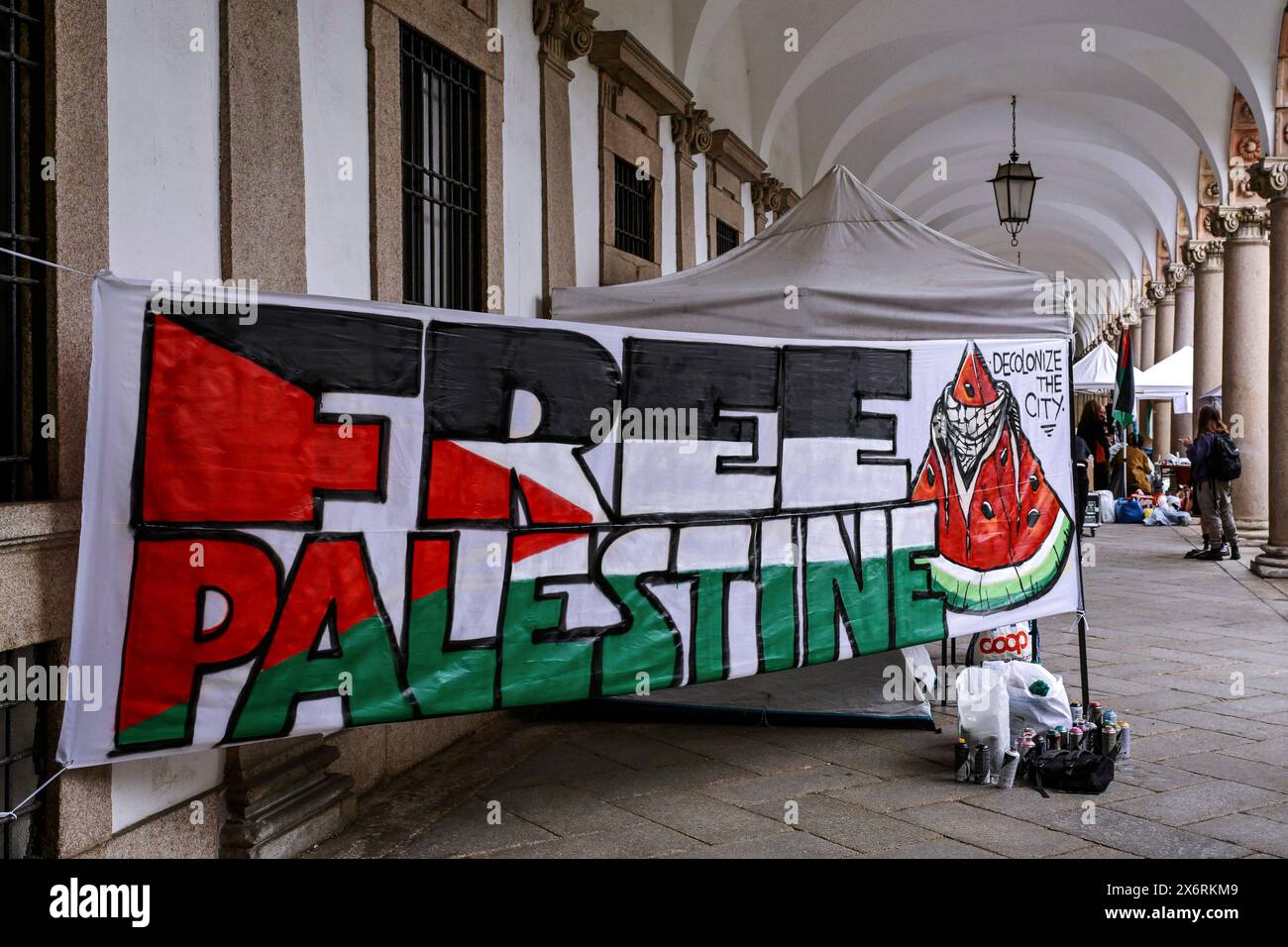 A banner quoting “Free Palestine” is seen at Statale University during ...
