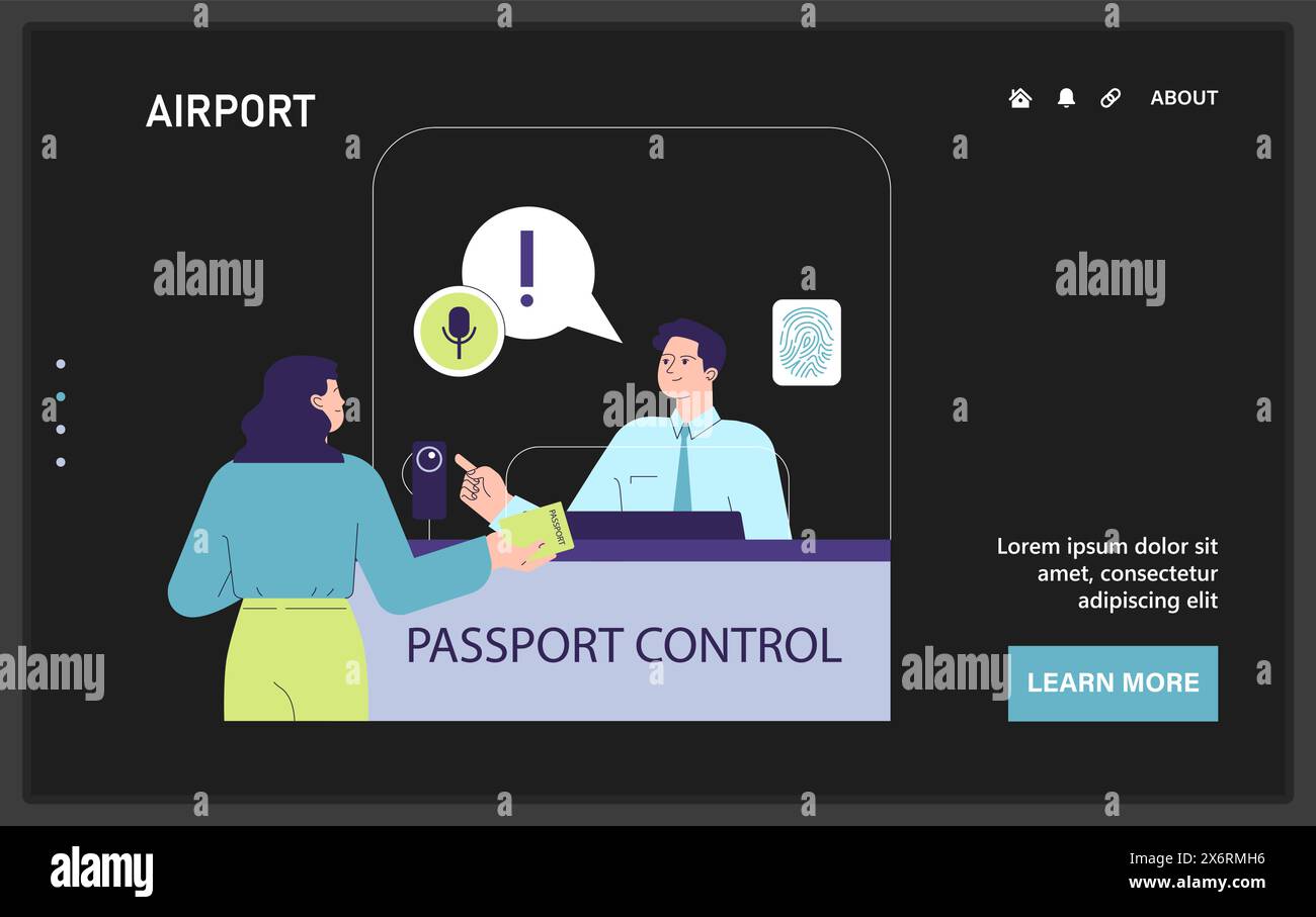 Airport passport control web or landing. A traveler provides documents ...