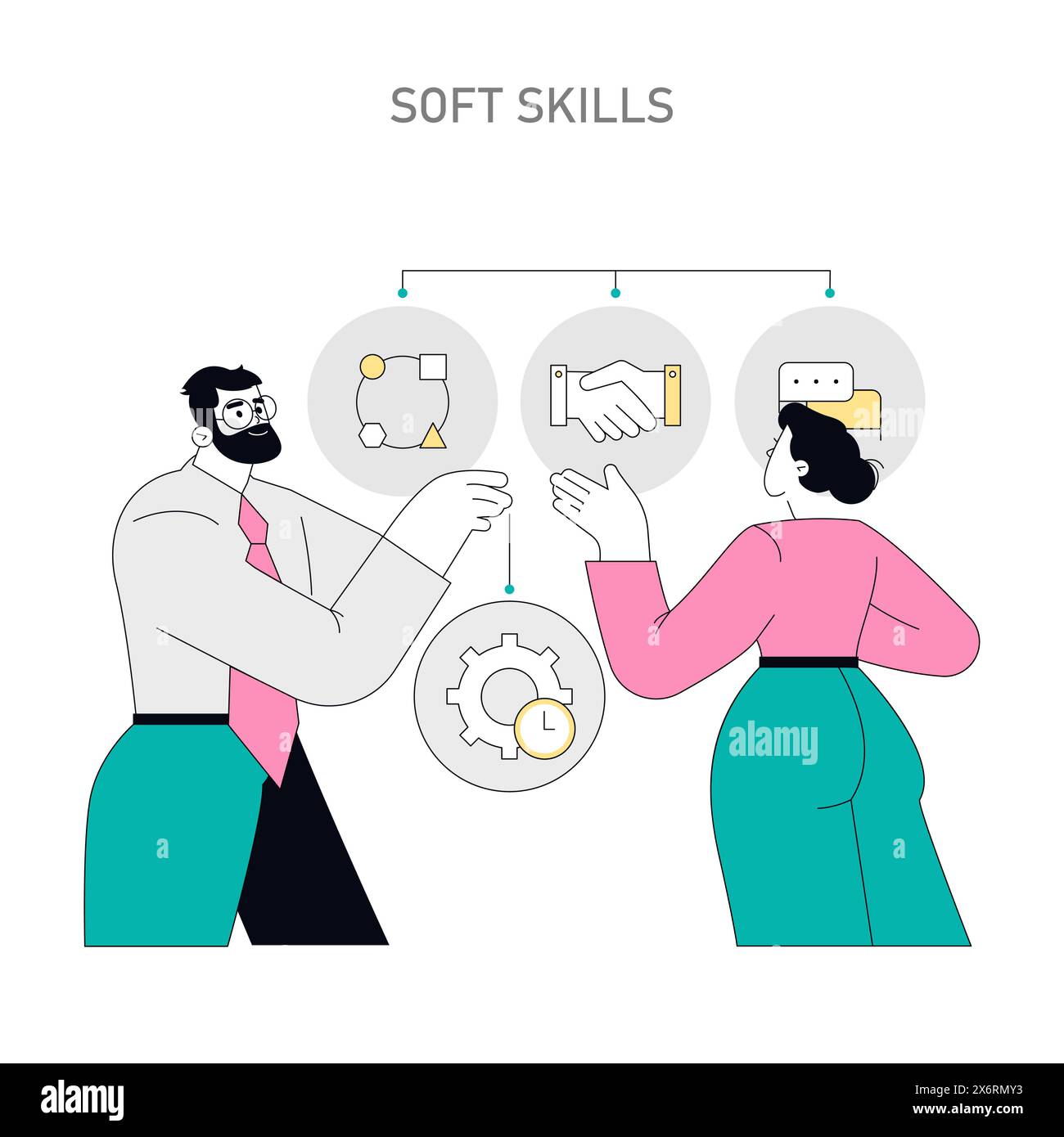 Soft Skills concept. Professionals interacting with icons symbolizing ... Soft Skills concept. Professionals interacting with icons symbolizing ...