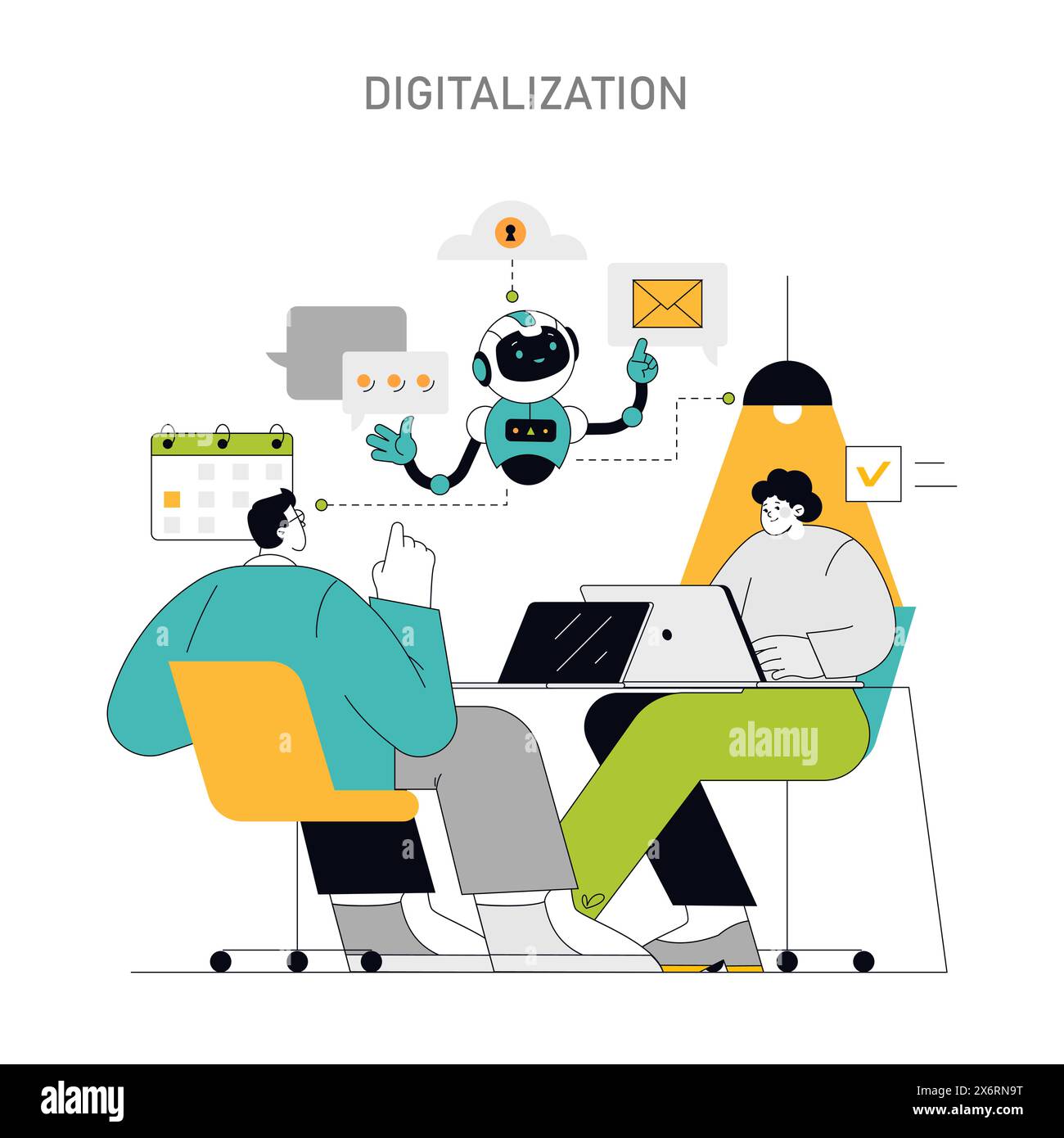 Digitalization concept Professionals leverage technology and robotics for efficiency, showcasing ...