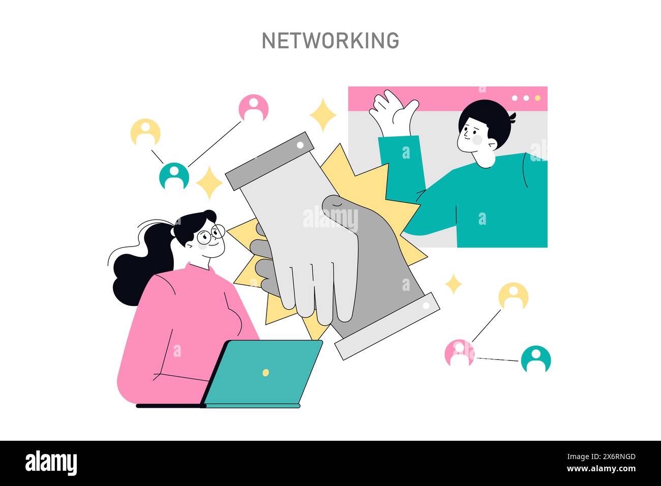 Soft Skills concept. Illustration of virtual networking, with a person ...